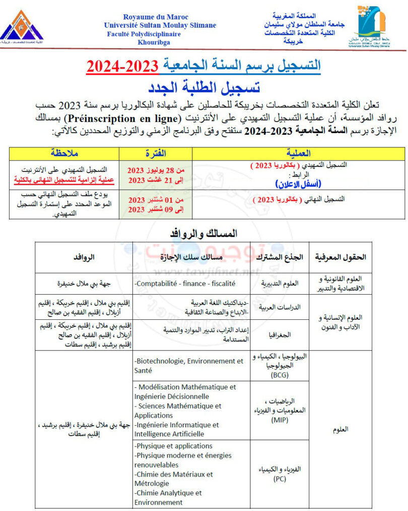 inscription Licence Université USMS Facultes Beni Mellal 2023 | tawjihnet