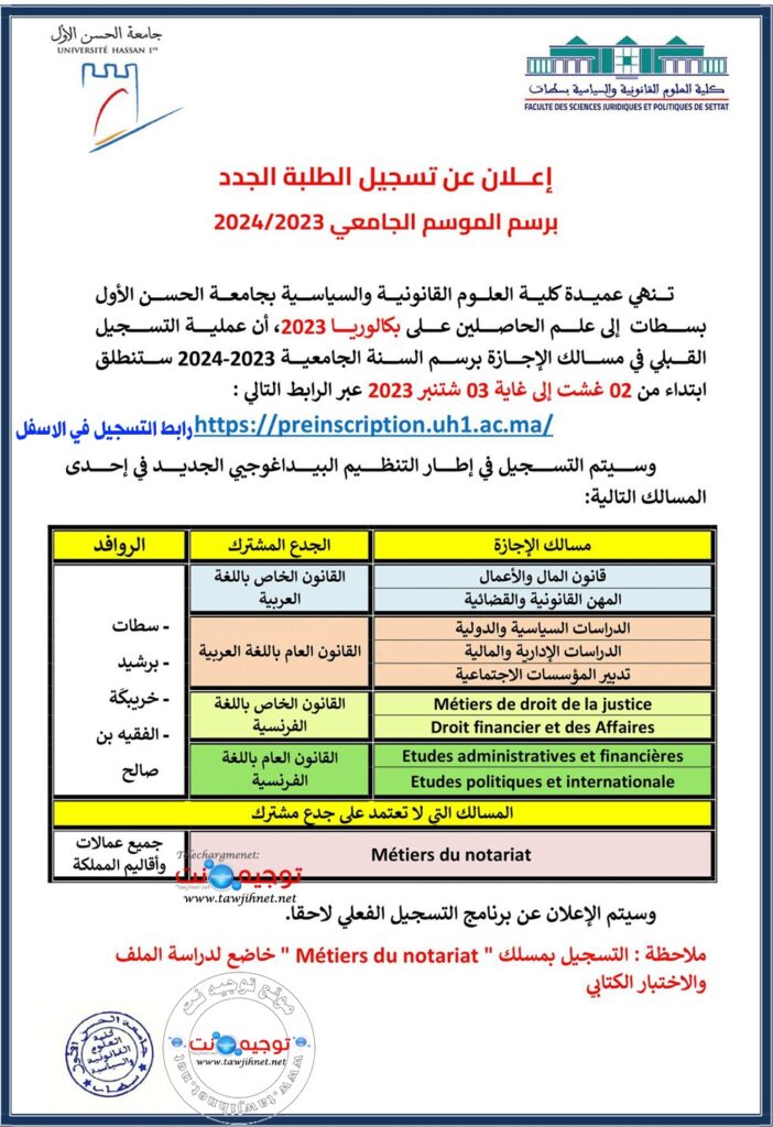 inscription Licence Université UH1 Settat 2023 2024 | tawjihnet