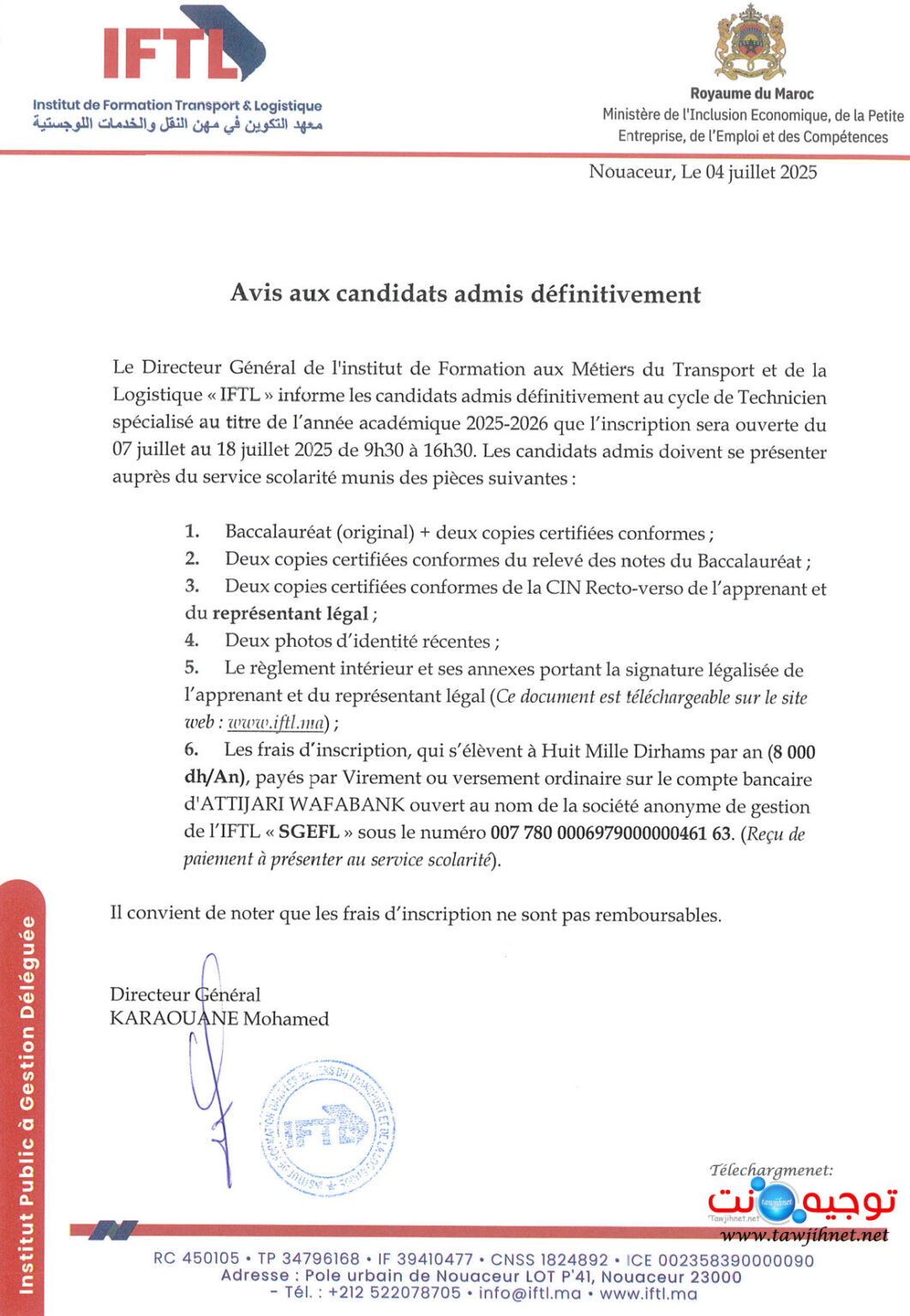 Résultats IFTL Nouaceur Métiers Transport Logistique 2025 | tawjihnet