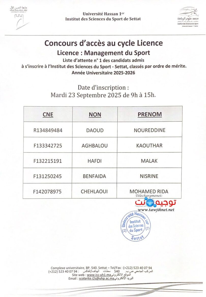Résultats Définitifs ISS I2S Settat Licence S1 2025 2026 | tawjihnet